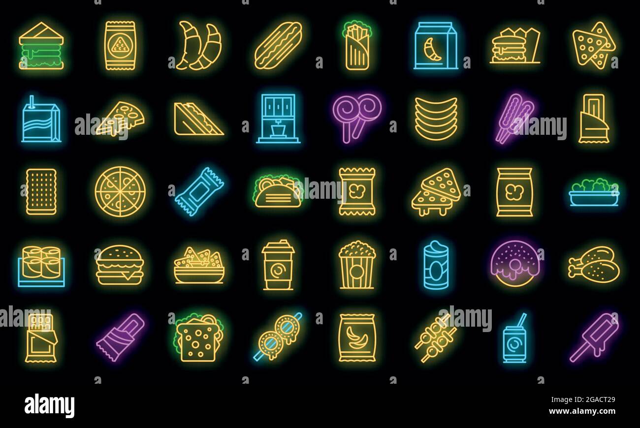 Snack bar icons set. Outline set of snack bar vector icons neon color ...