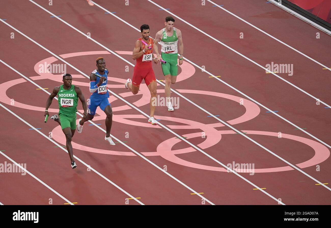 Tokyo, Japan. 30th July, 2021. Athletes compete during the 4x400m Relay ...