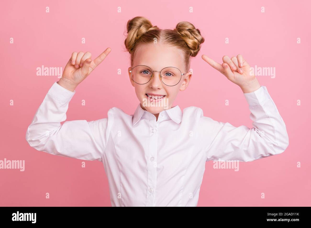 Photo of funky little girl point hairdo wear white shirt spectacles ...