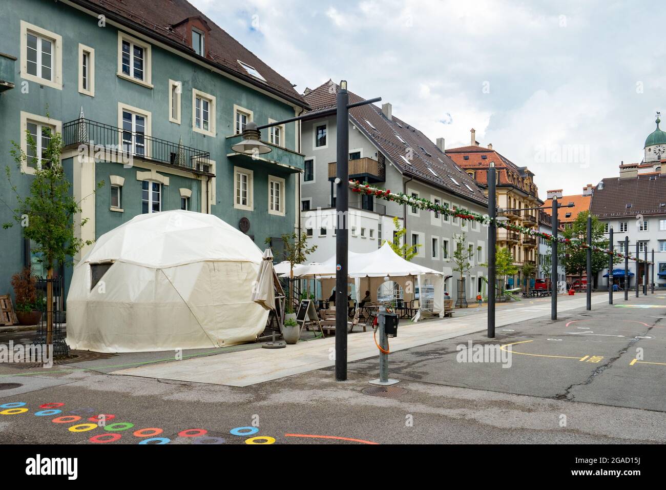 La-Chaux-de-Fonds, Switzerland - July 7th 2021: Lively square in the ...