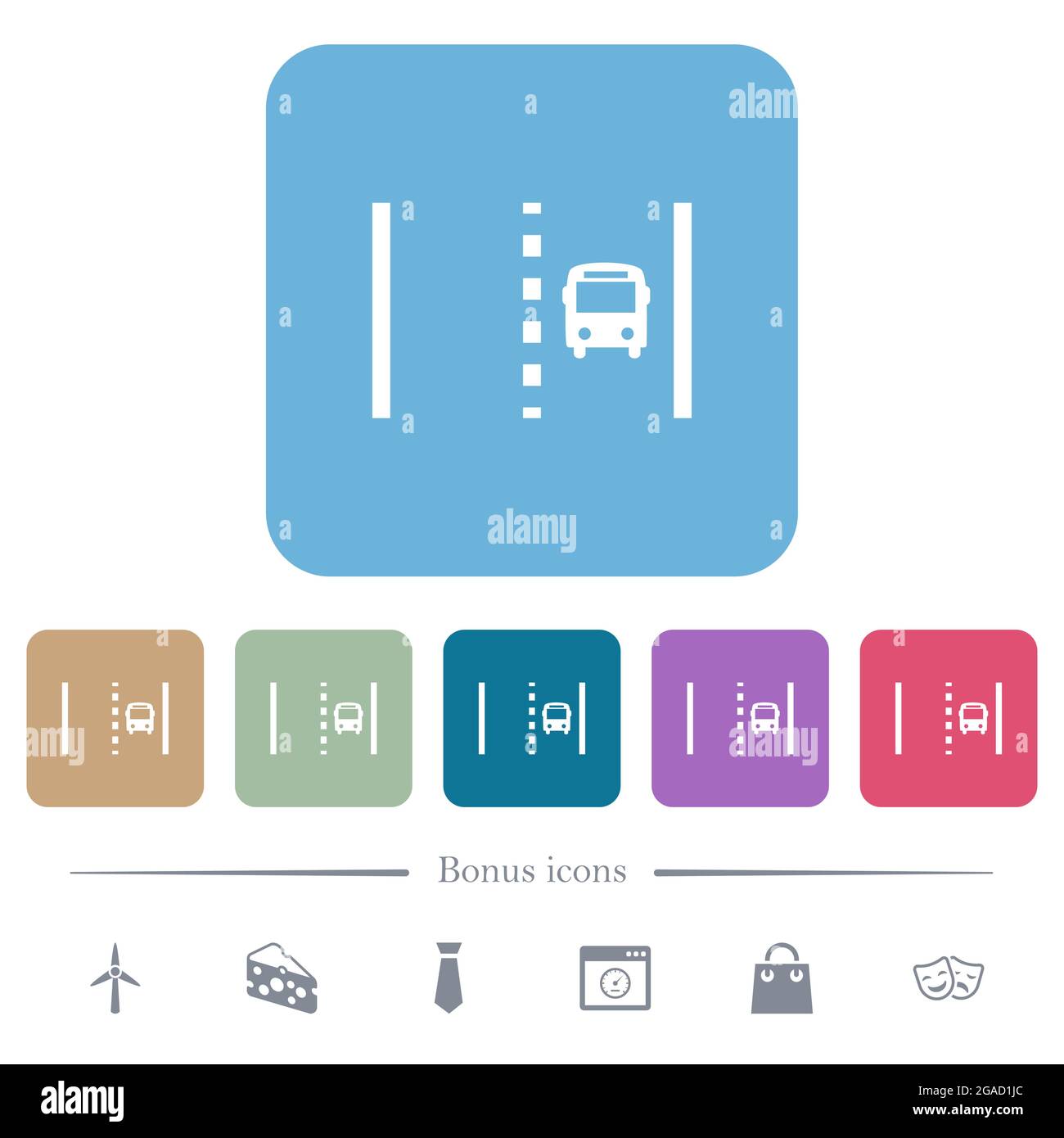 Bus lane white flat icons on color rounded square backgrounds. 6 bonus ...