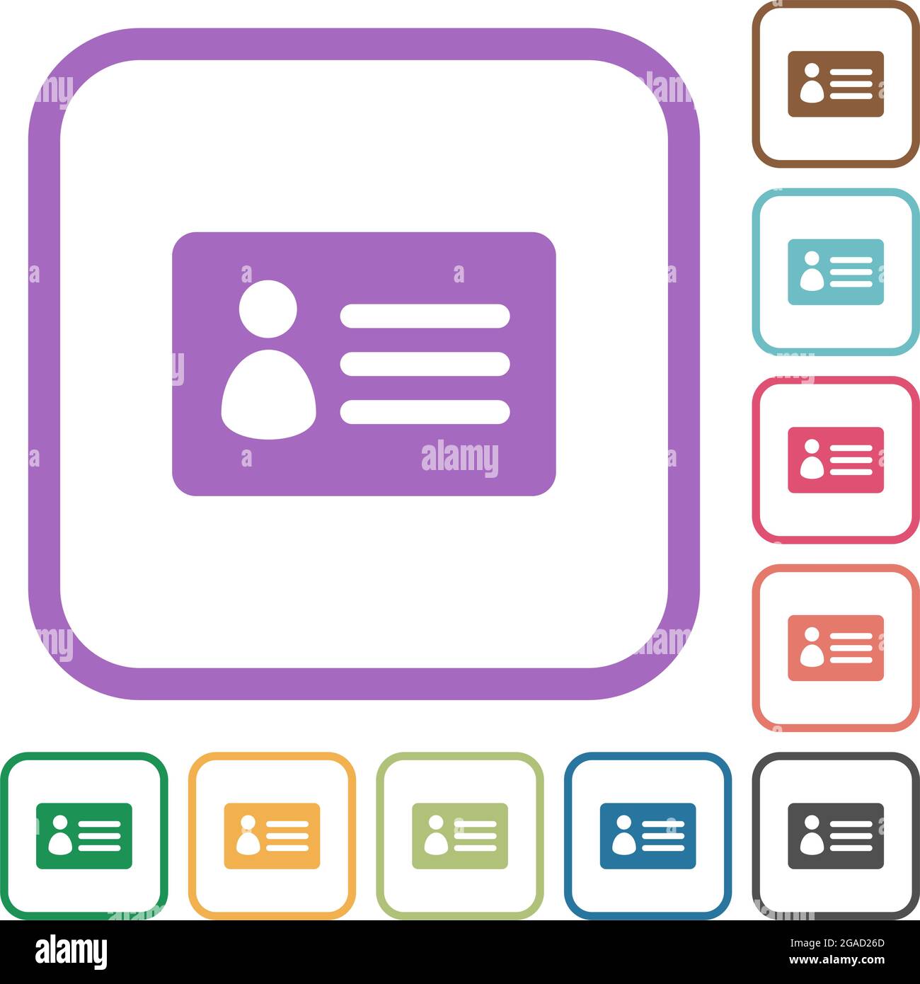 ID card solid simple icons in color rounded square frames on white ...