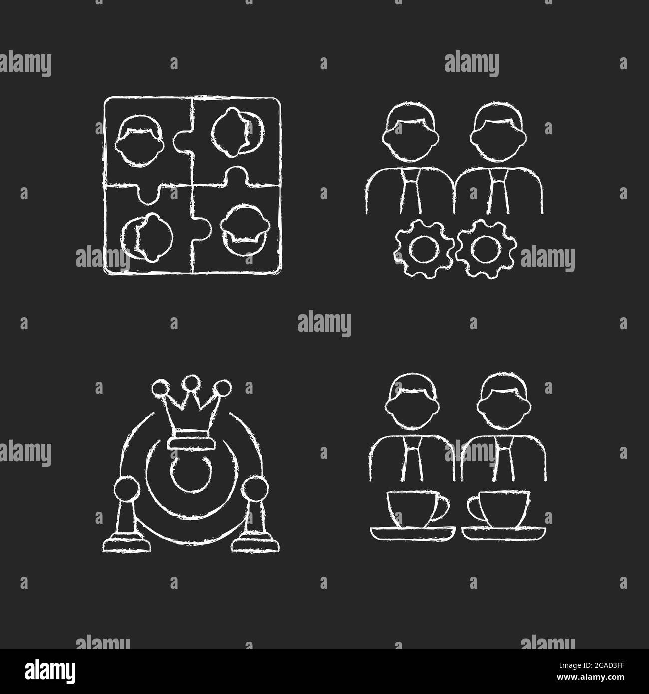 Office members interaction chalk white icons set on dark background ...