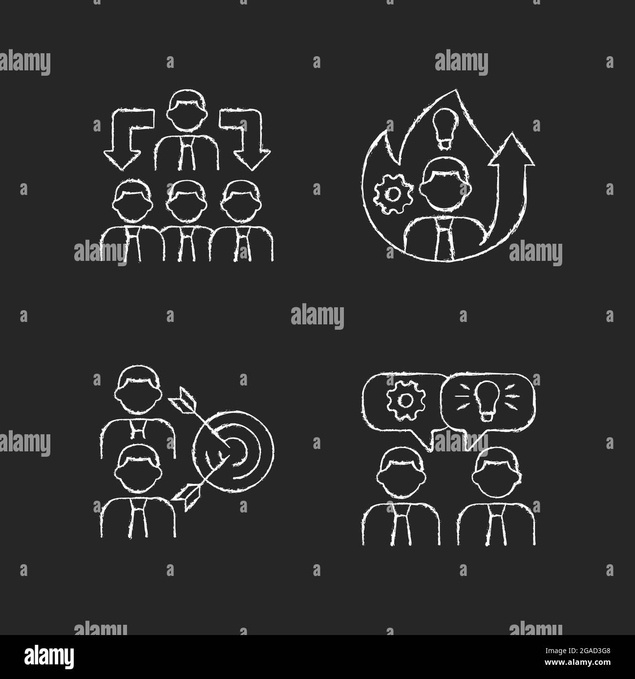 Working together chalk white icons set on dark background. Office ...