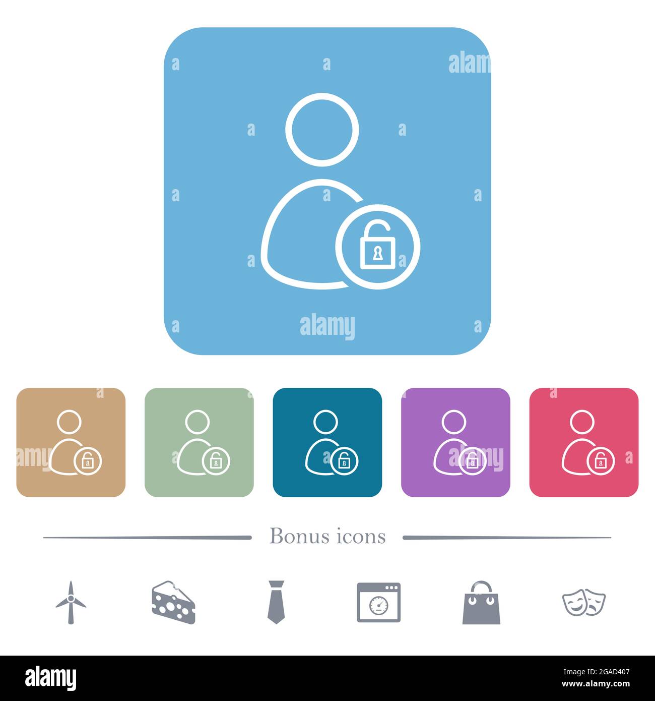 Unlock user outline white flat icons on color rounded square ...