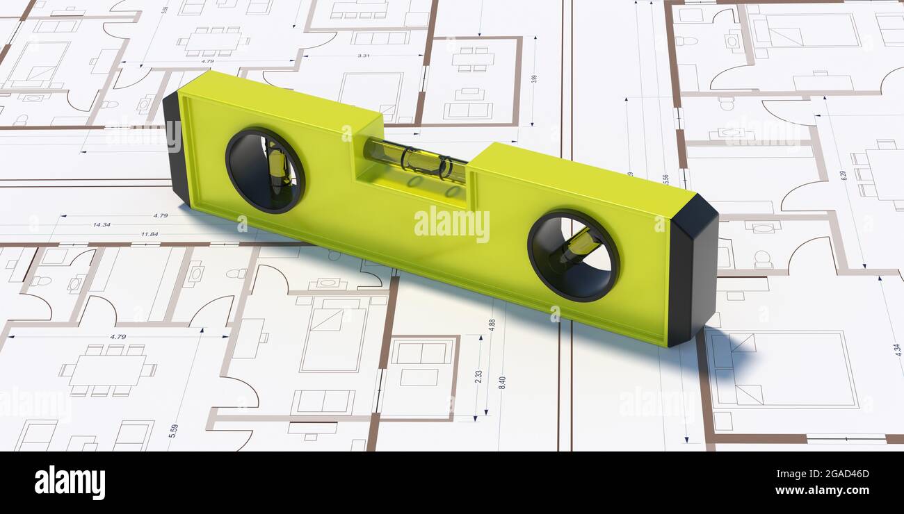 Level instrument on construction building blueprints background. Spirit ...