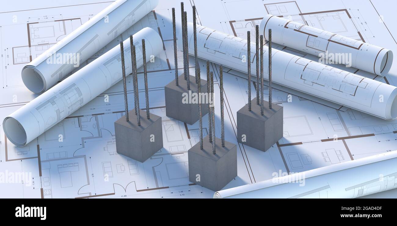 Reinforced concrete columns, steel bars reinforcement, Foundation slab ...