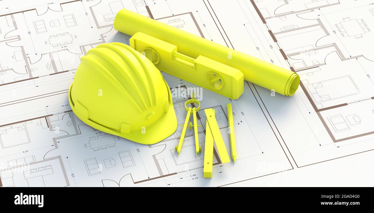 Construction hardhat, level instrument caliper and accessories on ...