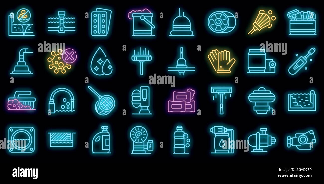 Pool cleaning icons set. Outline set of pool cleaning vector icons neon ...