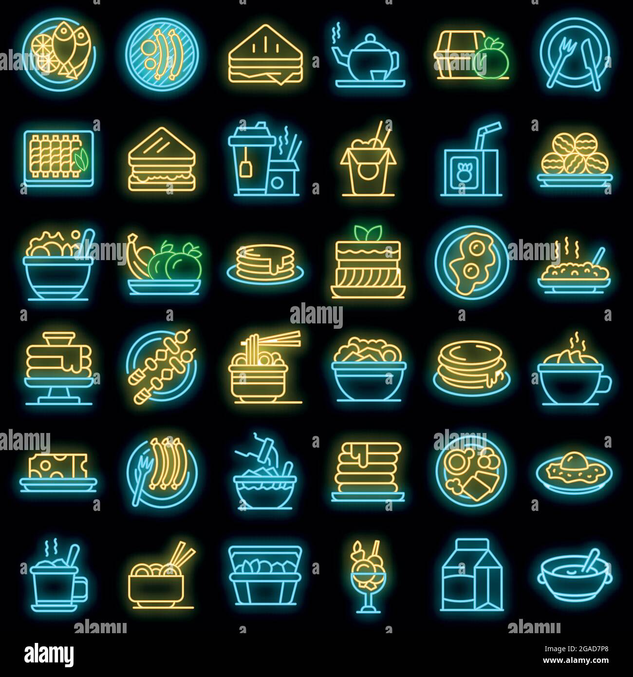Lunch icons set. Outline set of lunch vector icons neon color on black ...