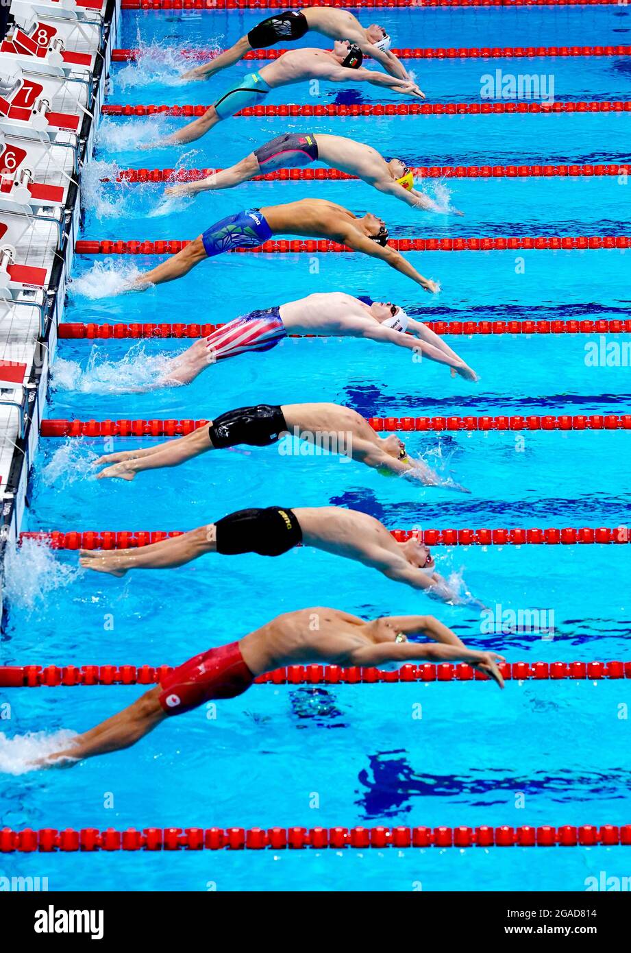 Competitors at the start of Heat 1 of the Men's 4 x 100m Medley Relay ...
