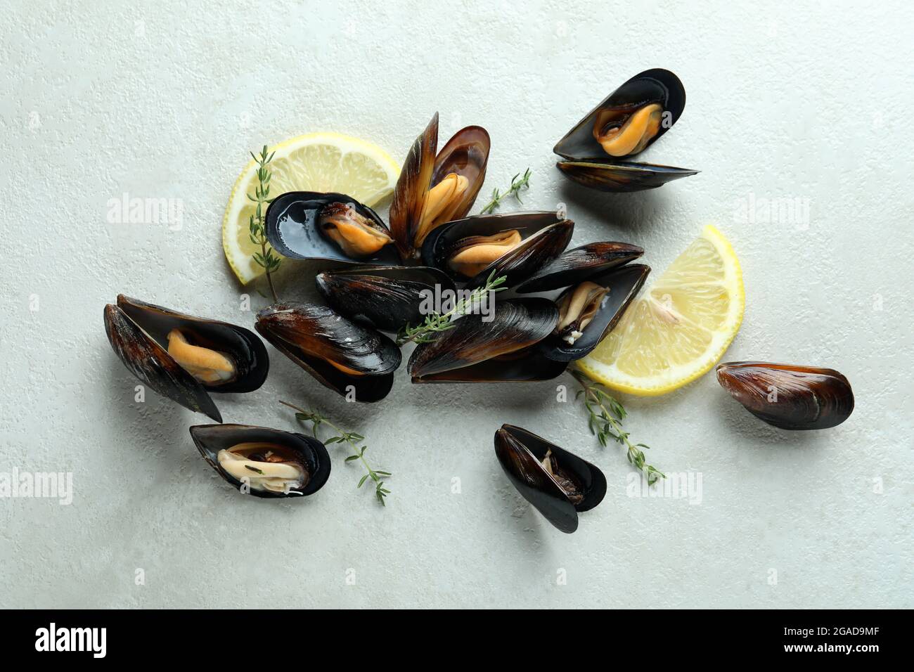Fresh mussels on white textured background, top view Stock Photo - Alamy