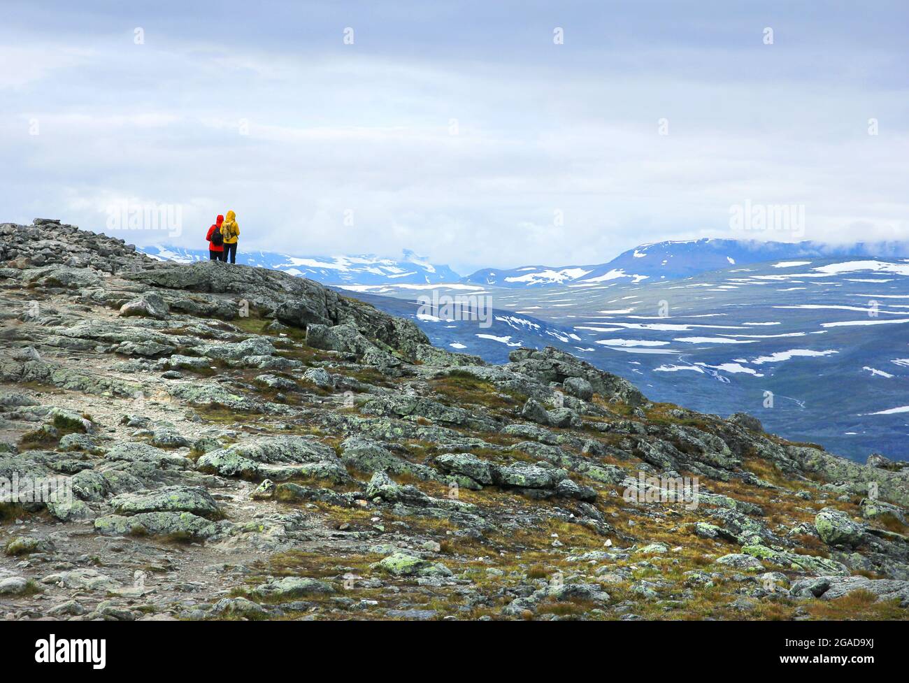 Two backpack hikers on fell mountain top in Lapland Scandinavia Stock ...