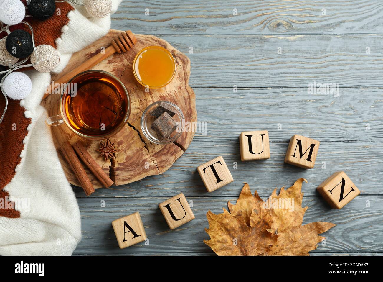 Cozy autumn concept background with tea drink Stock Photo - Alamy