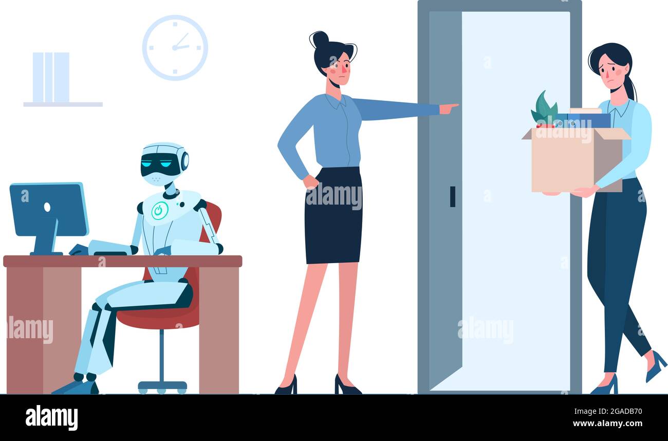 The robot is in the workplace, and woman is fired. Artificial ... The robot is in the workplace, and woman is fired. Artificial ...