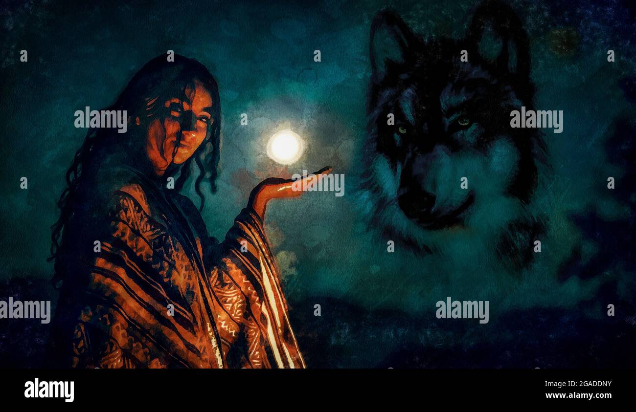 Beautiful Moon Lady Wolf Download Wolf, Woman, Moon. Royalty Free