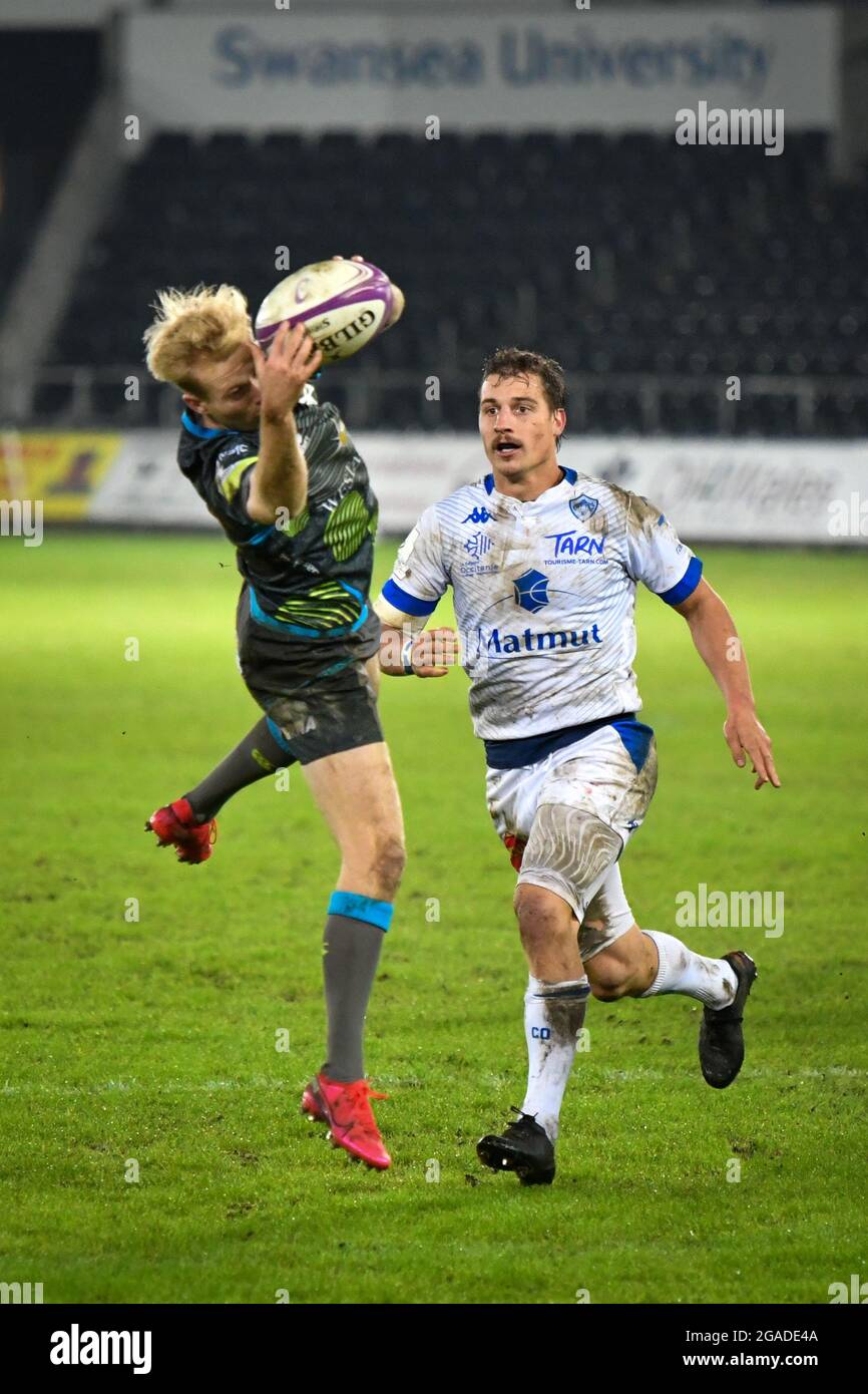 Swansea, Wales. 12 December, 2020. Mat Protheroe of Ospreys catches the ...