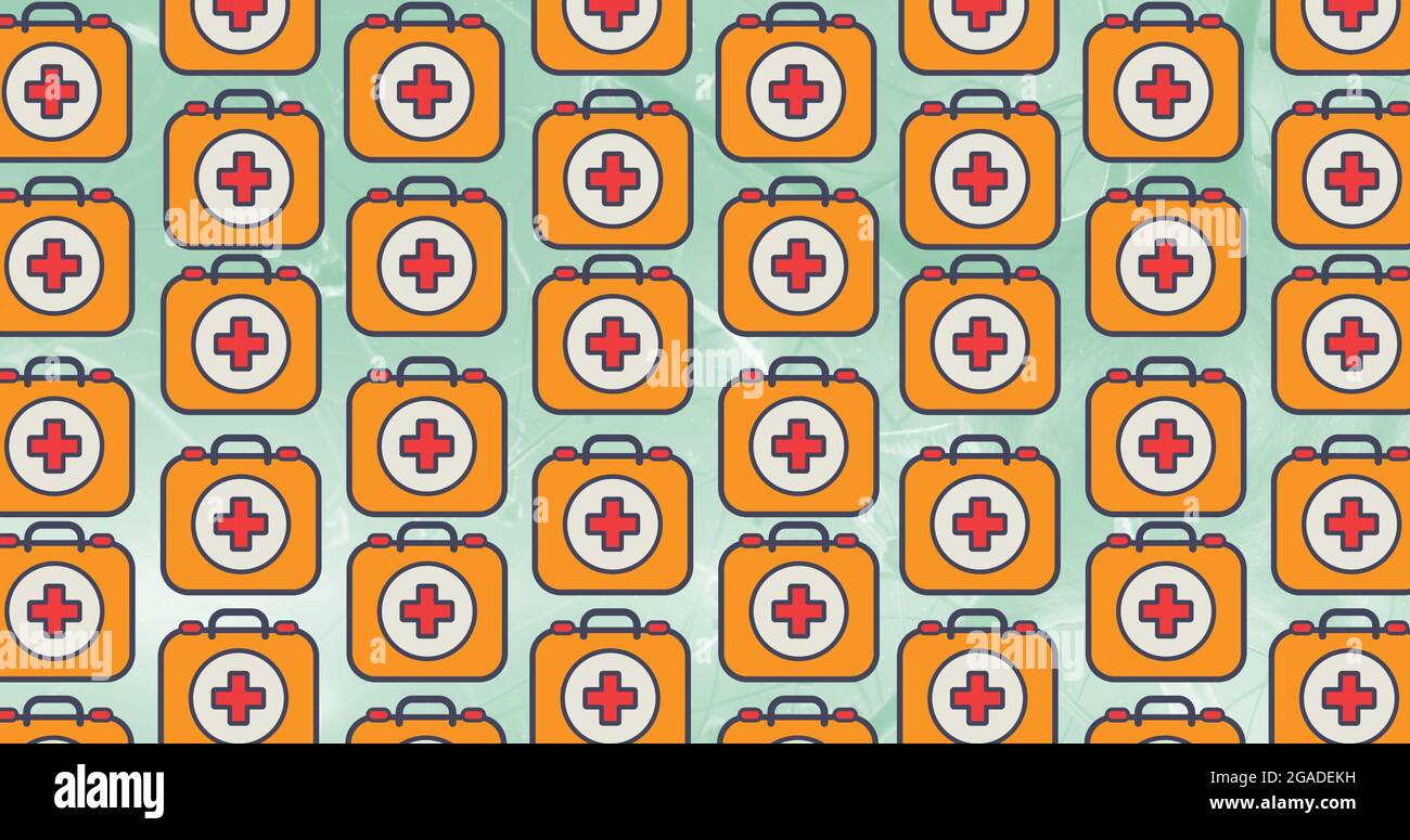 Composition of first-aid kits over digital icons on green background ...