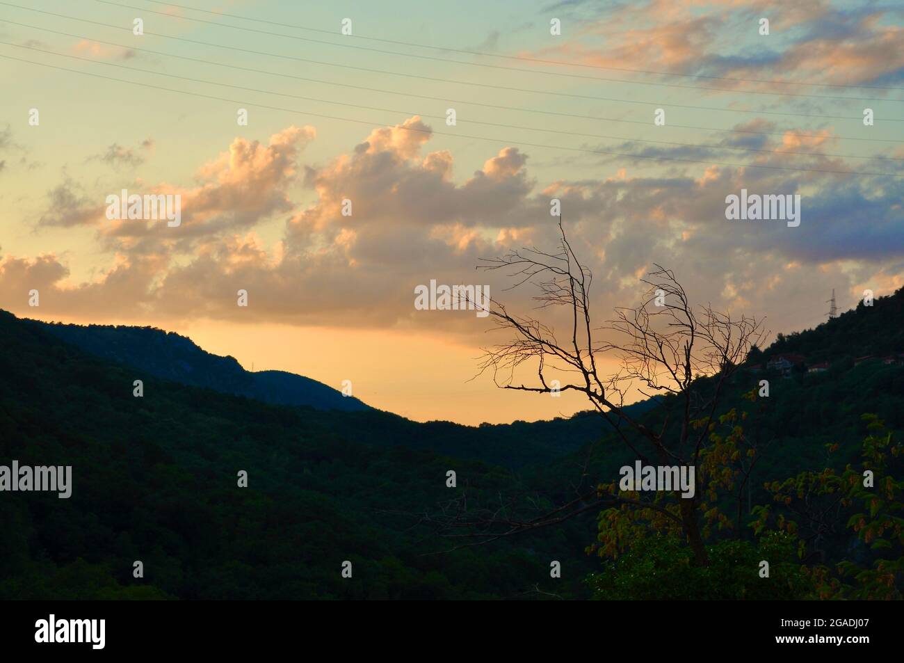 Sunset behind hills in Rijeka, Croatia. Magical sunset with hill as ...