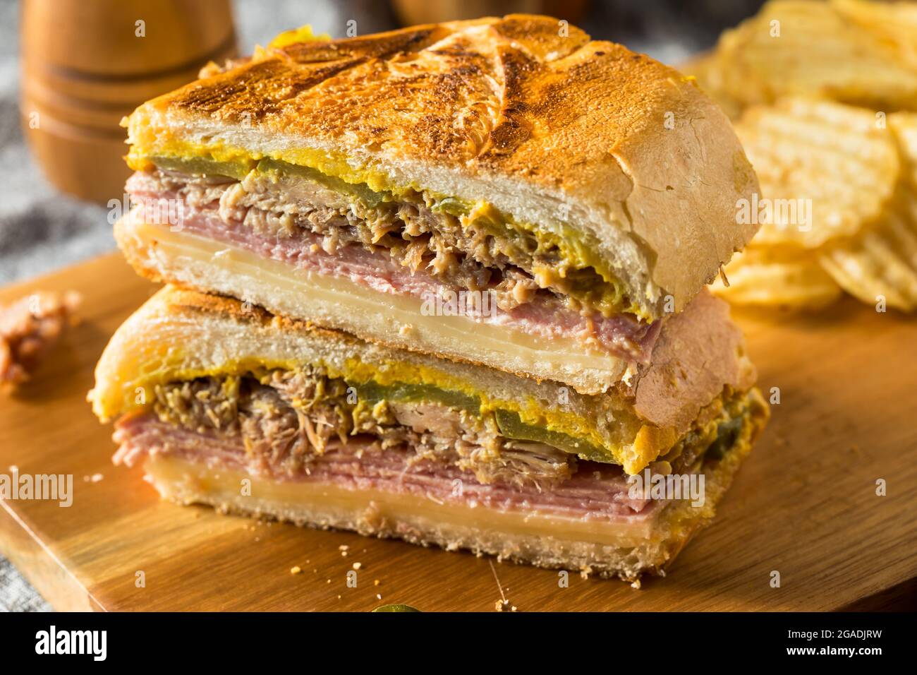 Hearty Homemade Cubano Pork Sandwich with Ham Cheese and Mustard Stock ...