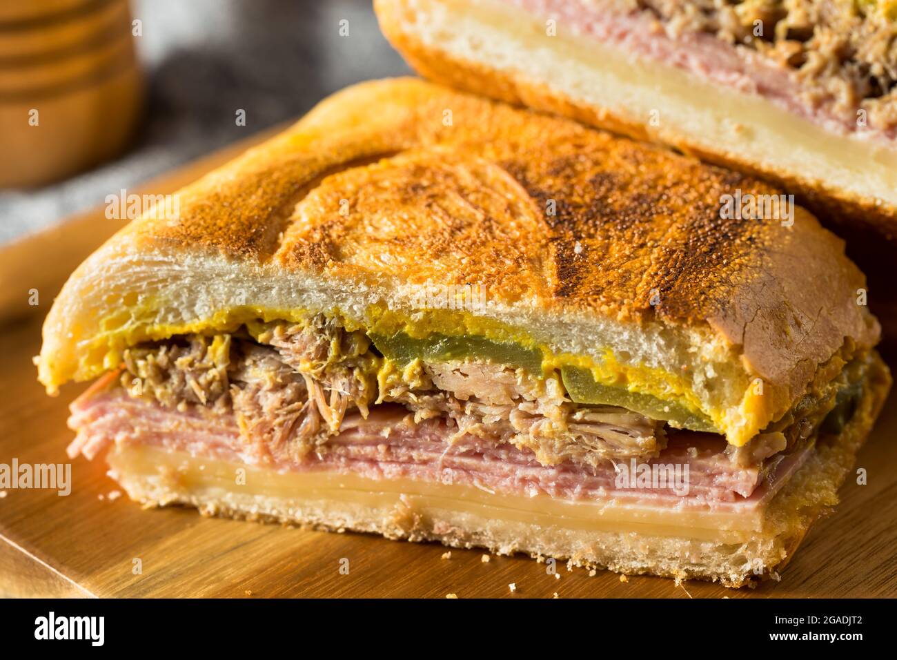 Hearty Homemade Cubano Pork Sandwich with Ham Cheese and Mustard Stock ...
