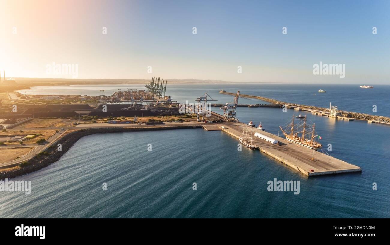 Aerial. The maritime dock in the Portuguese city of Sines and the ...