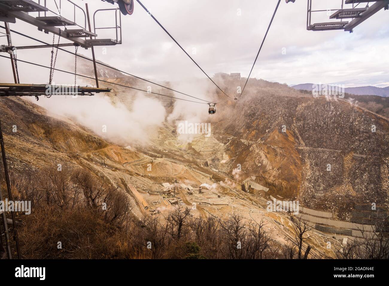 Hakone Ropeway across Owakudani Valley and active volcano. Located in ...