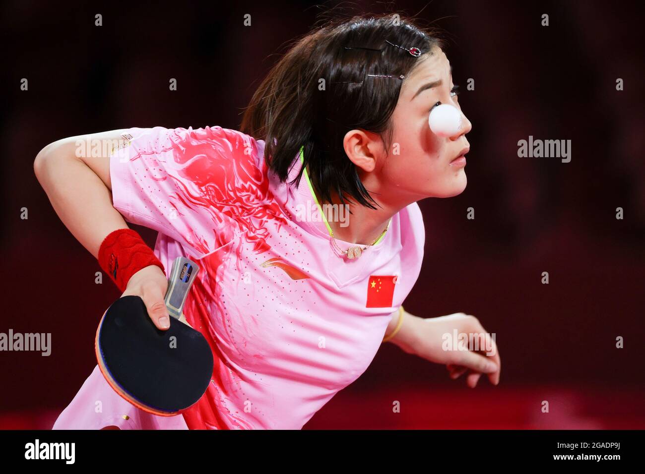 Tokyo, Japan, 29 July, 2021. Meng Chen Chen serves during the Women's Singles Table Tennis ...