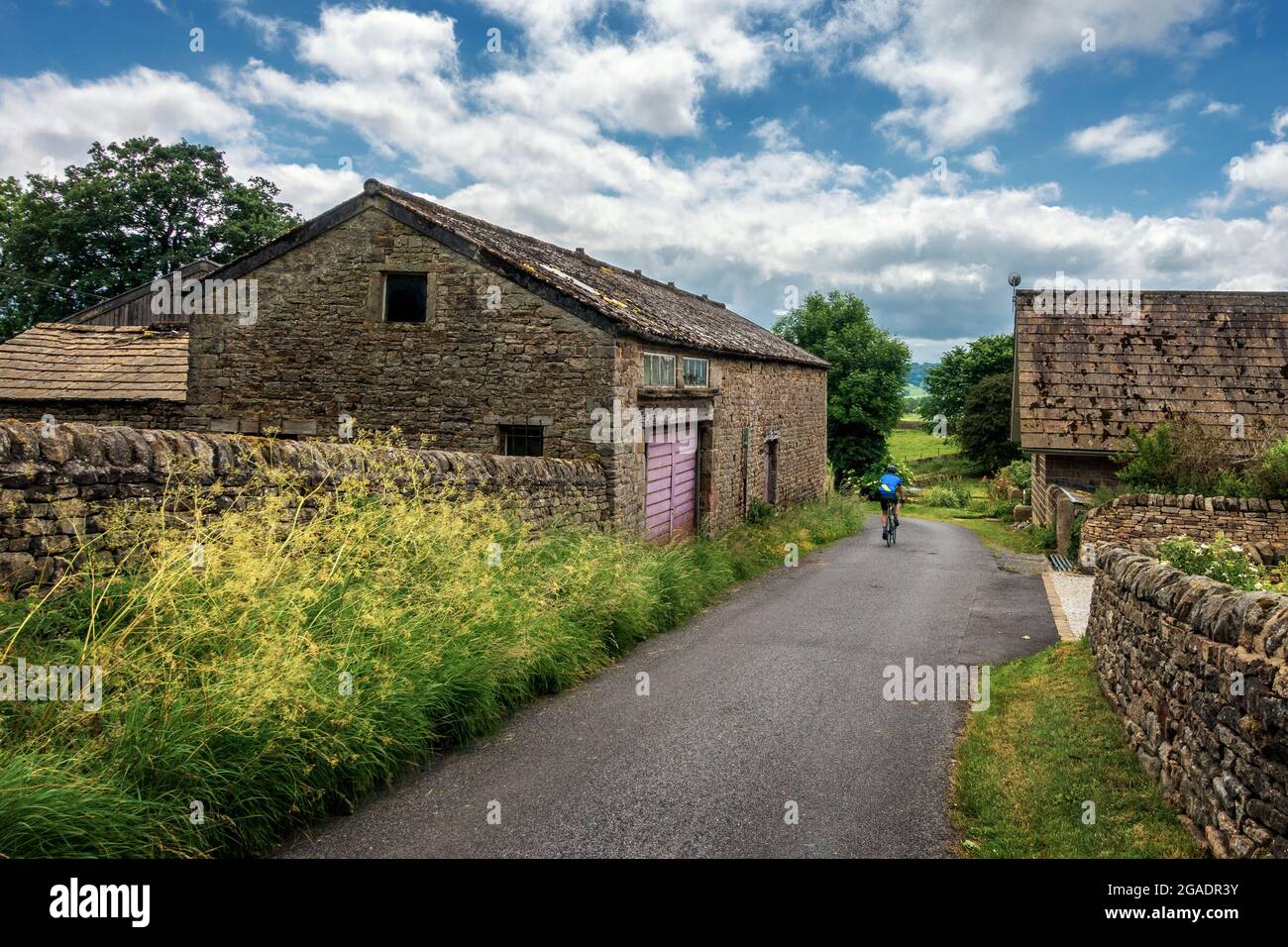 Cyclist cycling along a country lane between old stone farm buildings ...