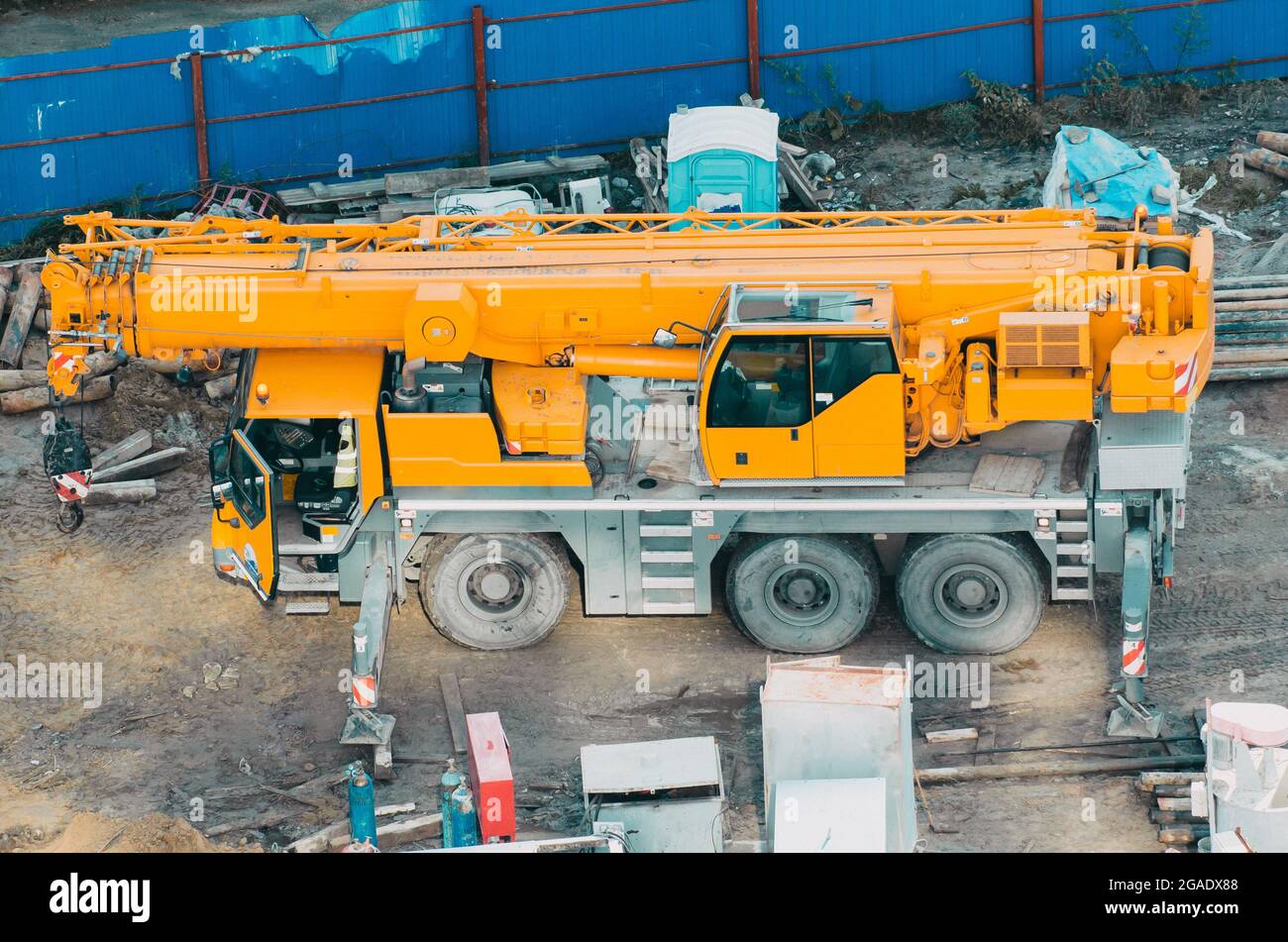 many Truck and Crane in yard site consist of lifting, pulley, sling ...
