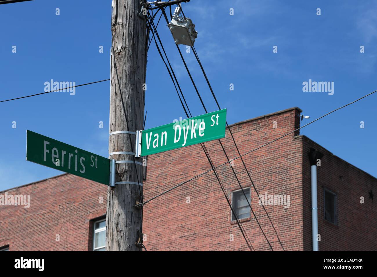 Street signs Ferris St and Van Dyke St on a utility pole in the ...