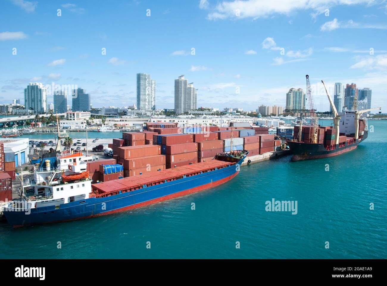 The view of Miami port cargo ships ready to be loaded with containers ...