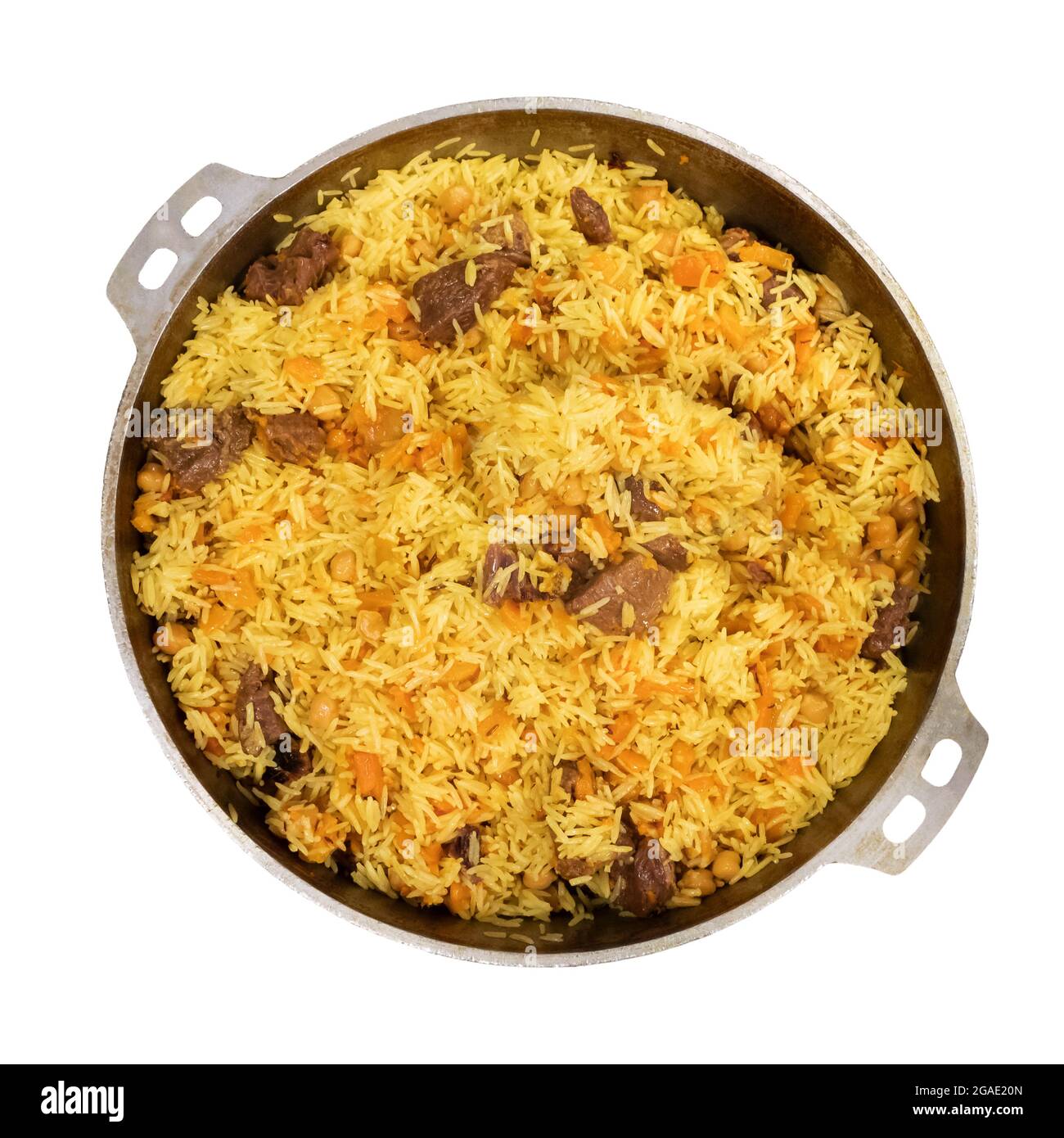 Rice pilaf in a large pan isolated on white Stock Photo - Alamy