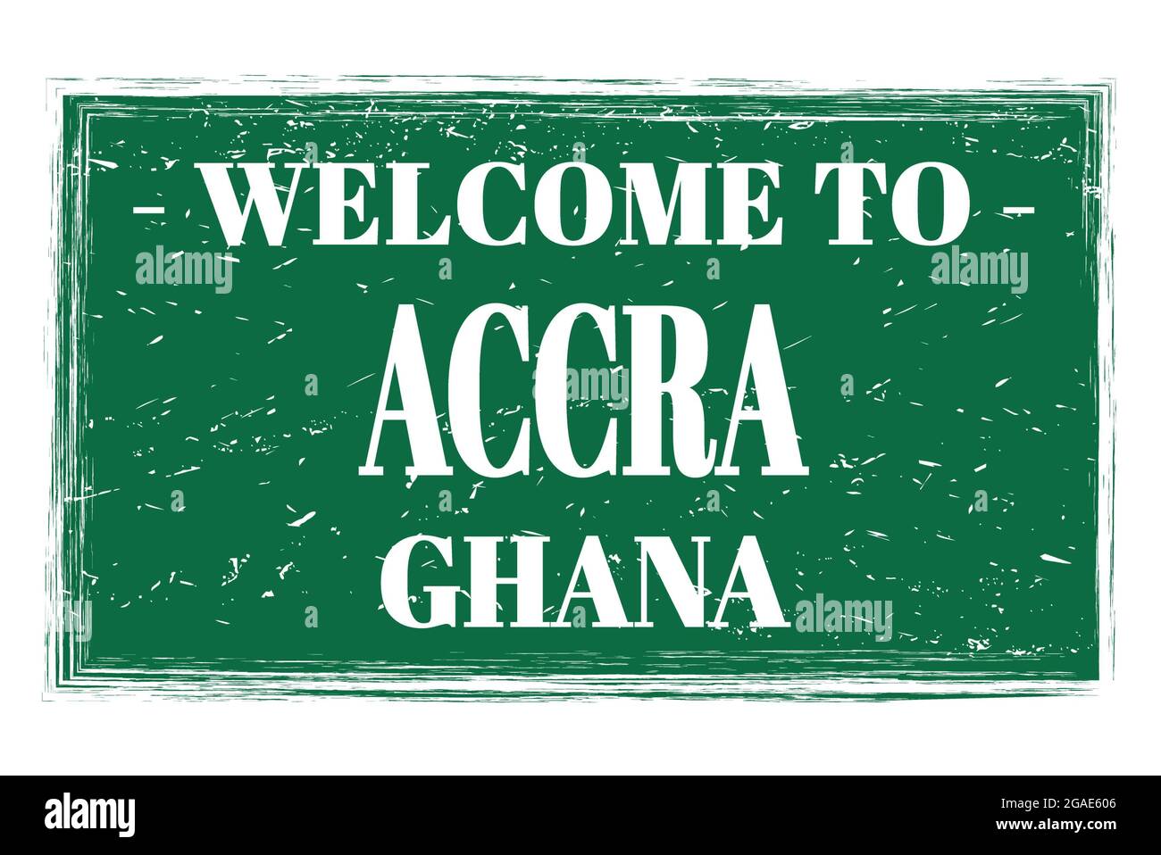 WELCOME TO ACCRA - GHANA, words written on green rectangle post stamp ...