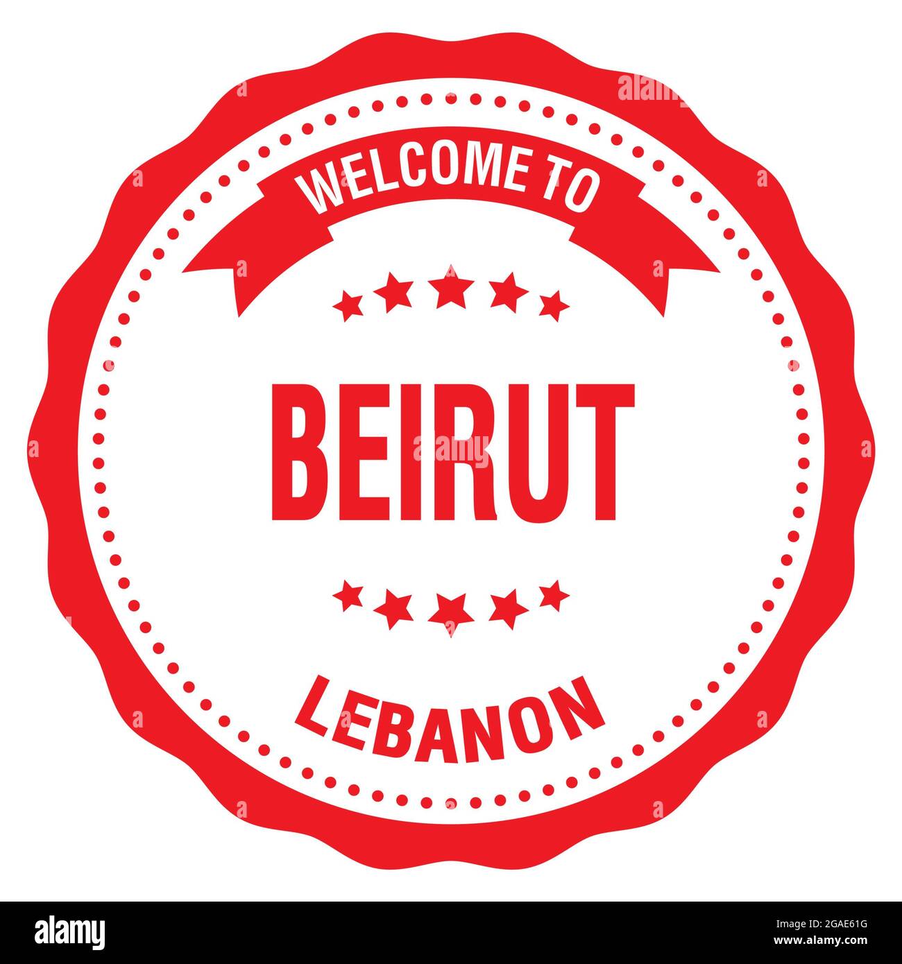 WELCOME TO BEIRUT - LEBANON, words written on red round badge stamp ...