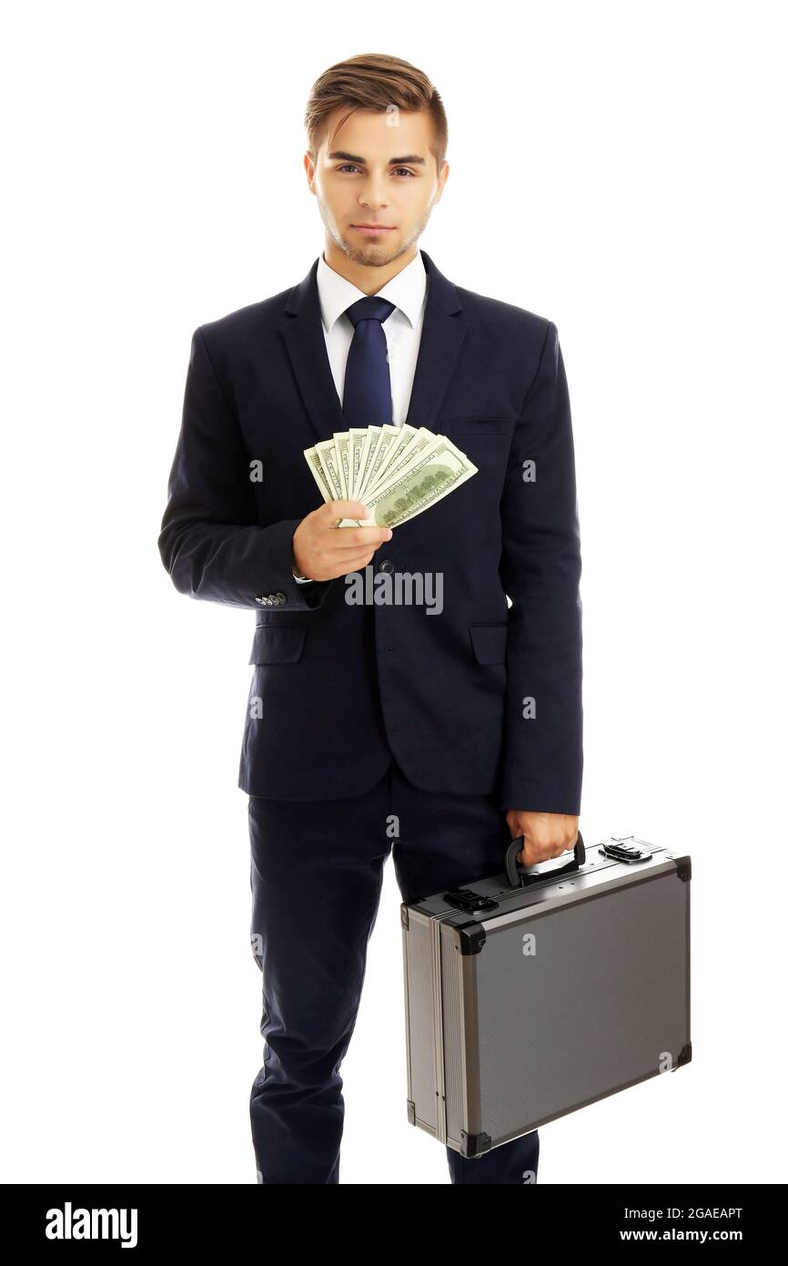 Elegant man holding case with money isolated on white Stock Photo - Alamy