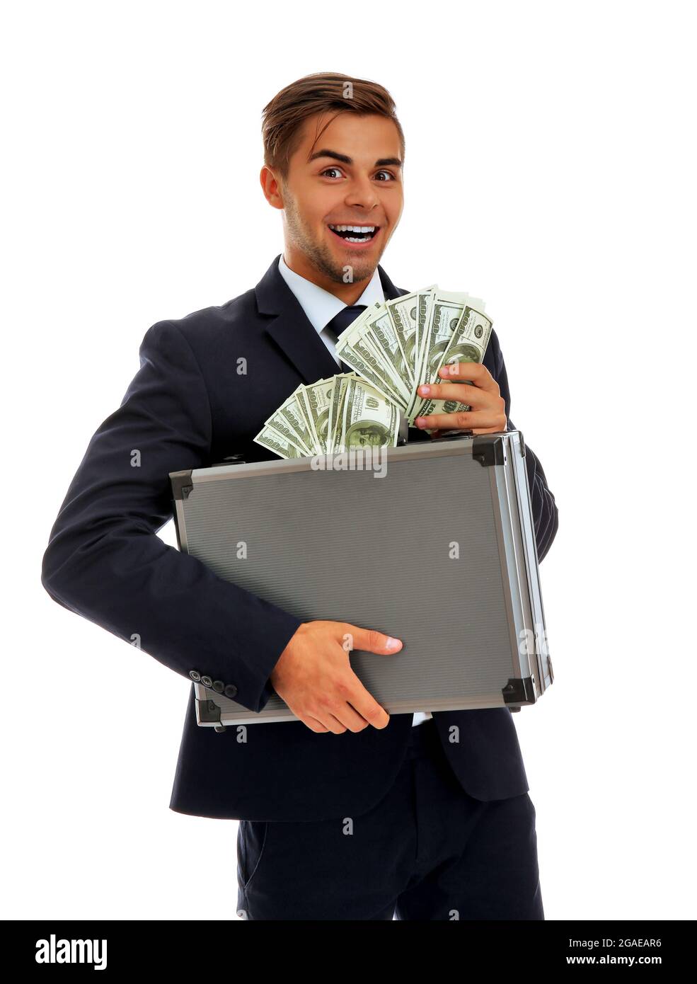 Elegant man holding case with money isolated on white Stock Photo - Alamy