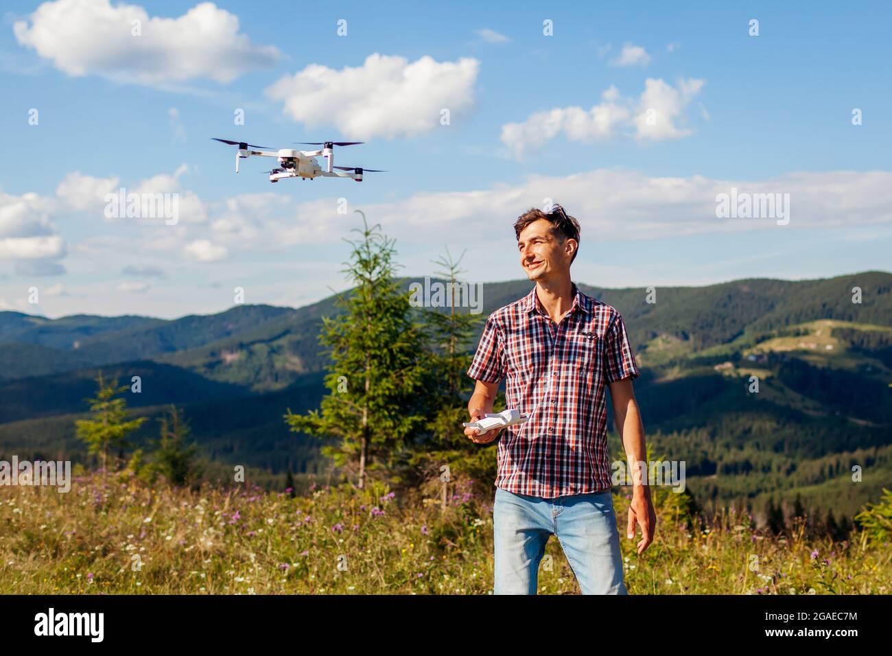 Aerial drone footage shooting of summer Carpathins. Man operating ...