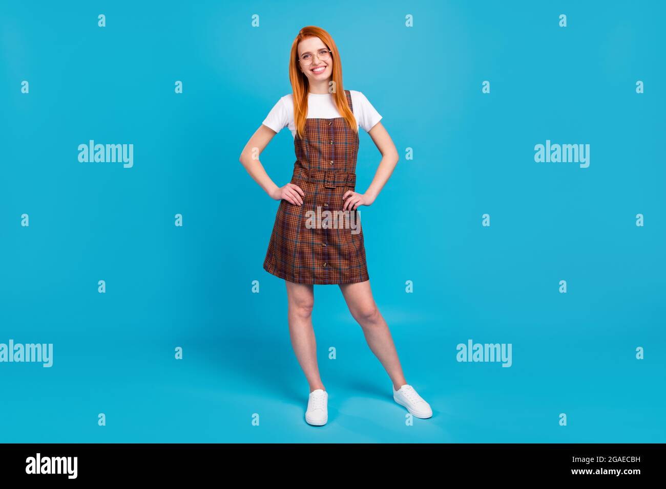 Full length body size view of attractive cheerful nerd girl posing ...