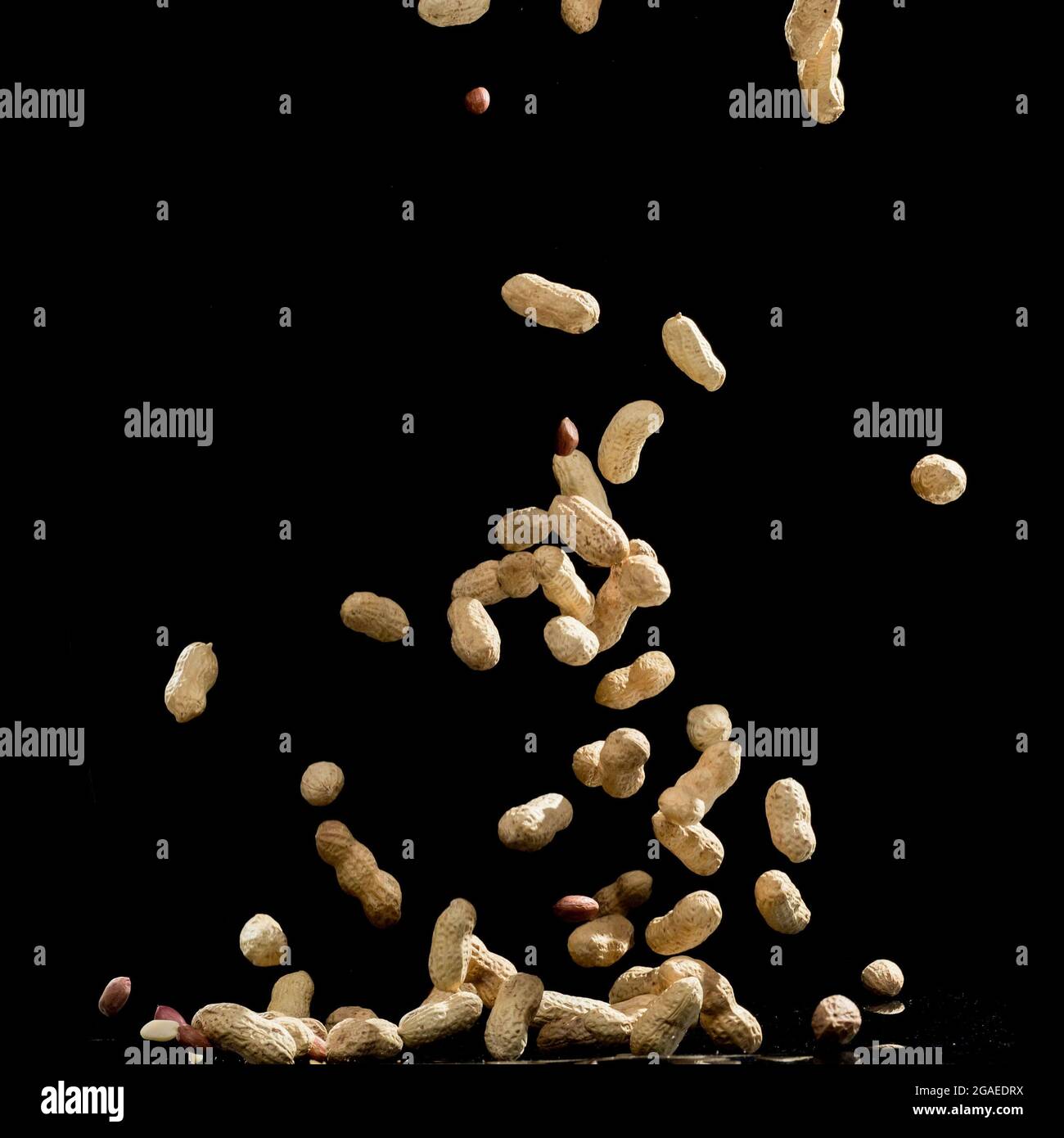 Realistic freeze motion of flying peanuts on black background Stock ...