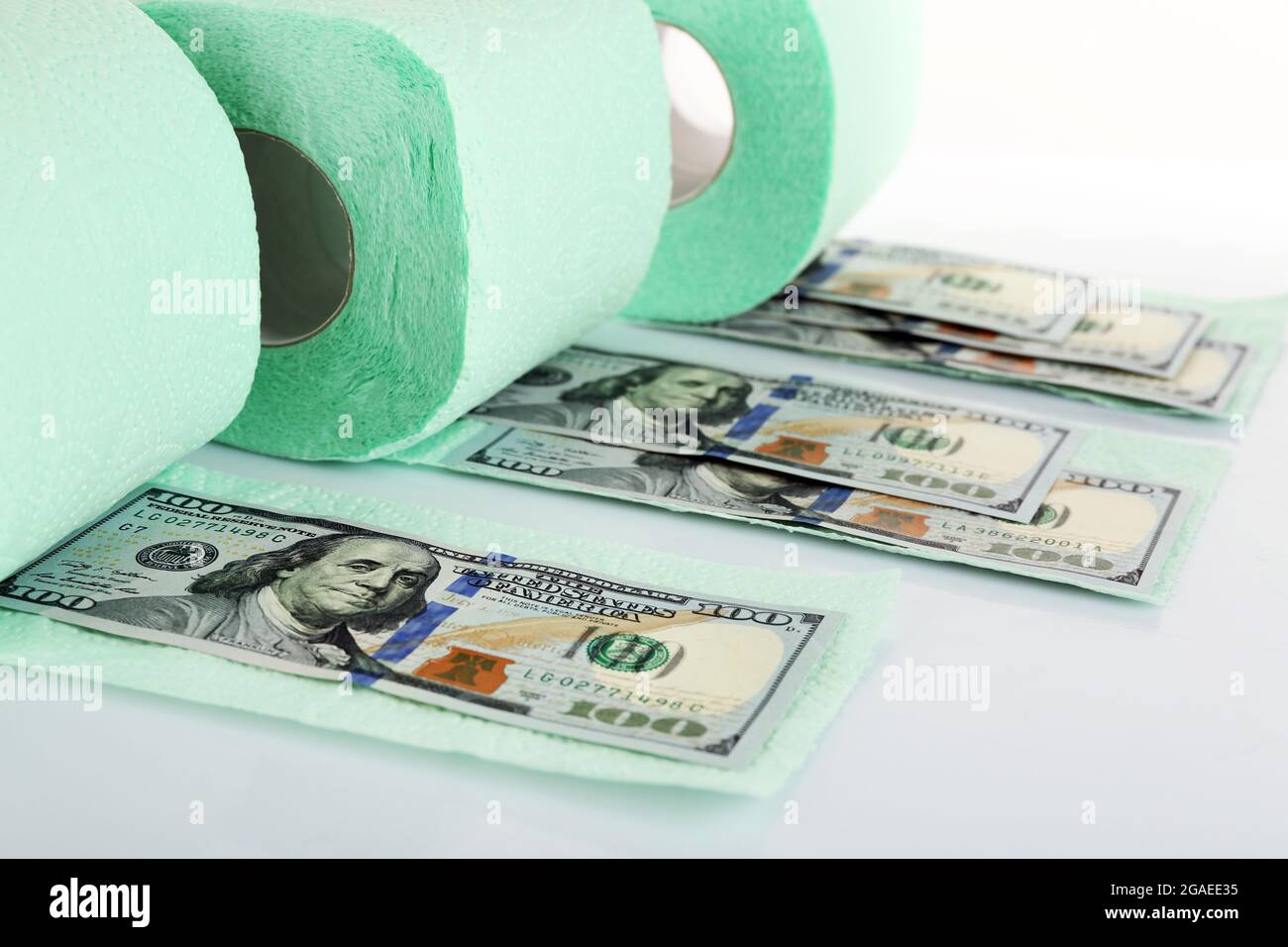 Light green rolls of toilet paper and dollar banknotes on light ...