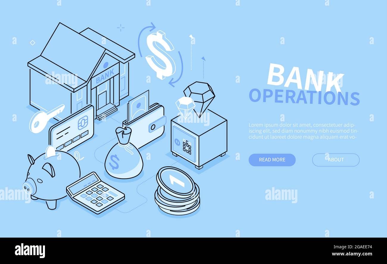 Bank operations - blue line design style isometric banner. Financial ...