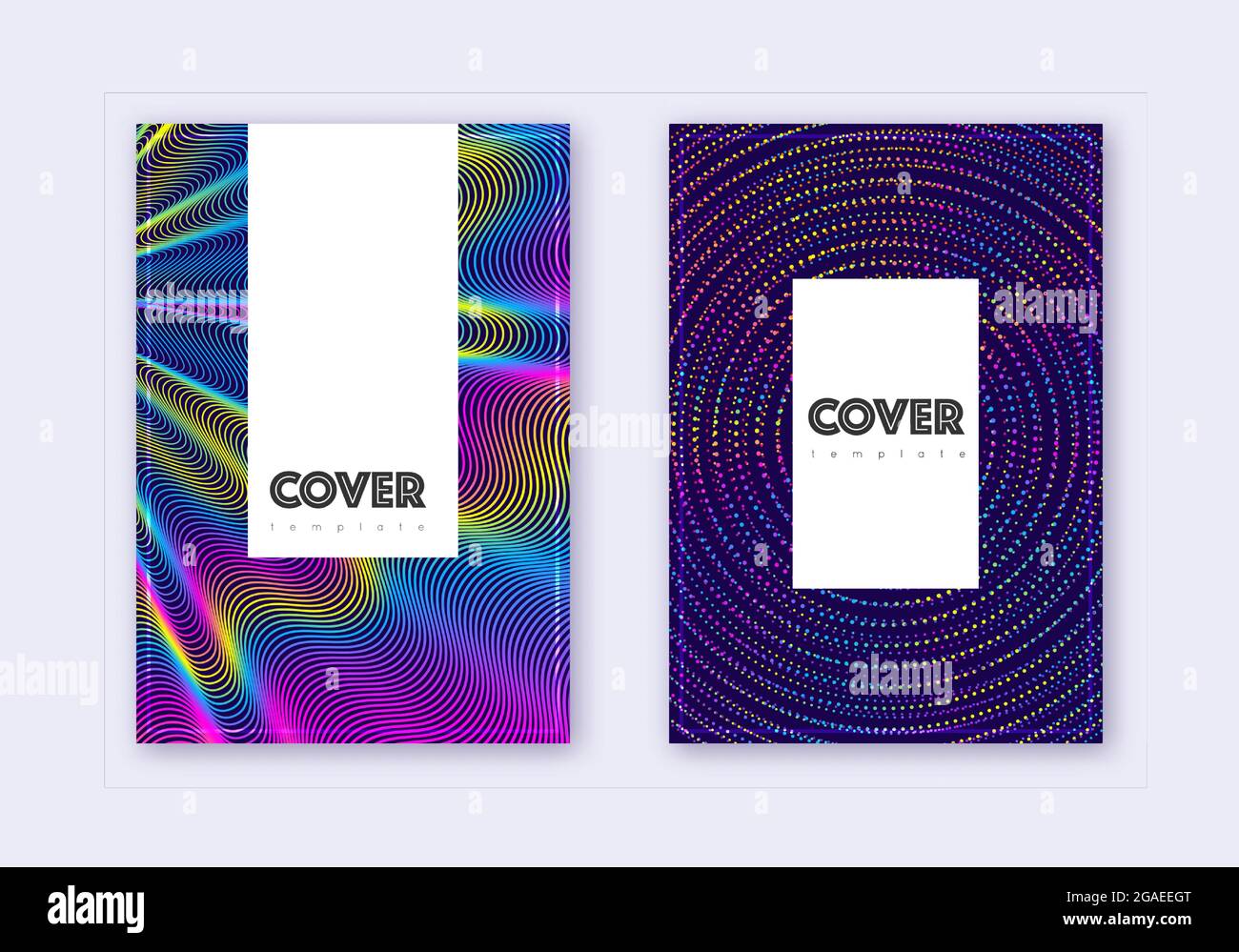 Hipster cover design template set. Rainbow abstract lines on dark blue ...