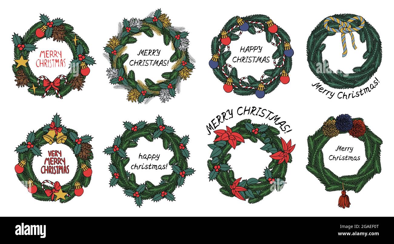Colorful Line Art Christmas Wreaths clipart set, decorated spruce green ...