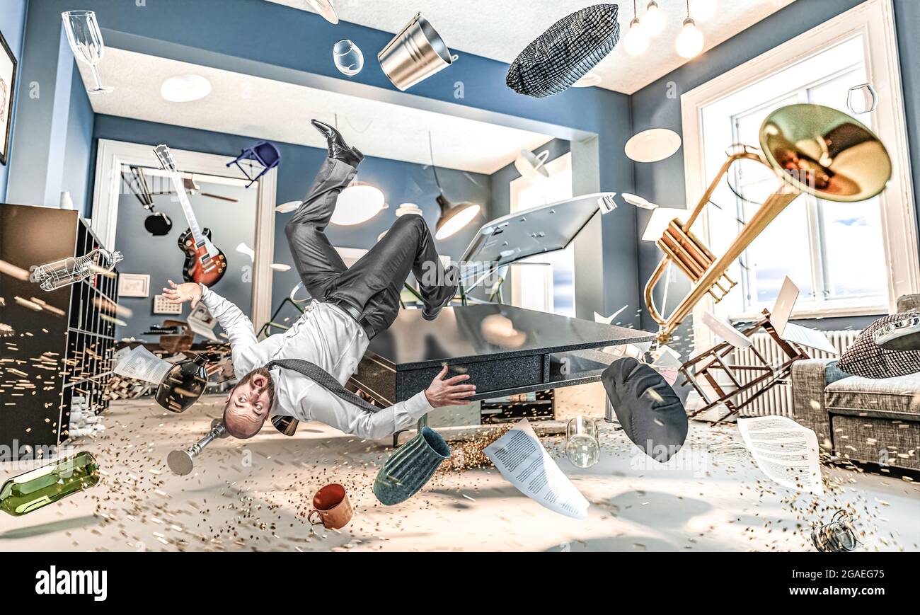 man fall, interior of a house with flying objects and in disorder ...