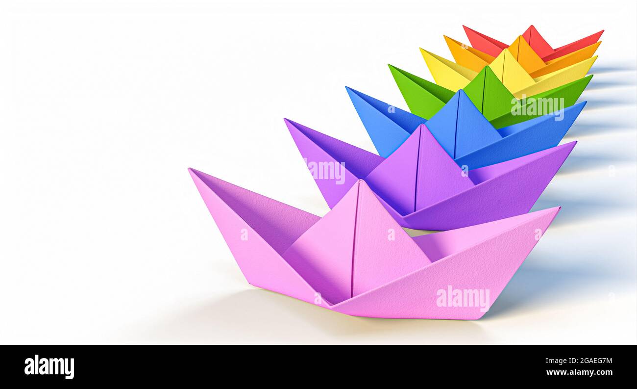 group of paper boats with rainbow colors. 3d render. diversity concept ...