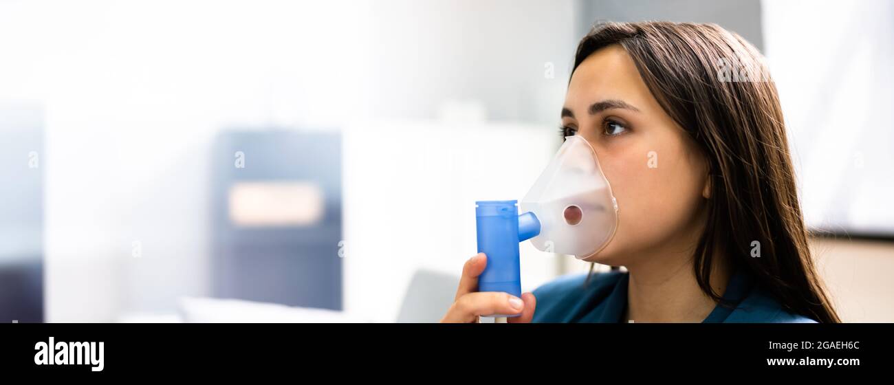 Asthma Patient Breathing Using Oxygen Mask And COPD Nebulizer Stock ...