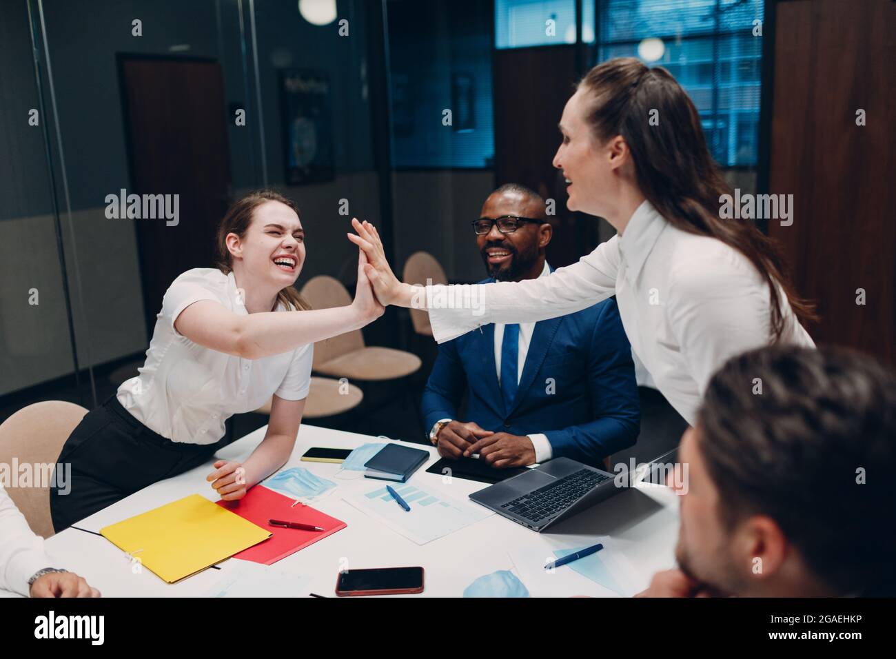 Businessman and businesswoman team at office meeting. Business people ...
