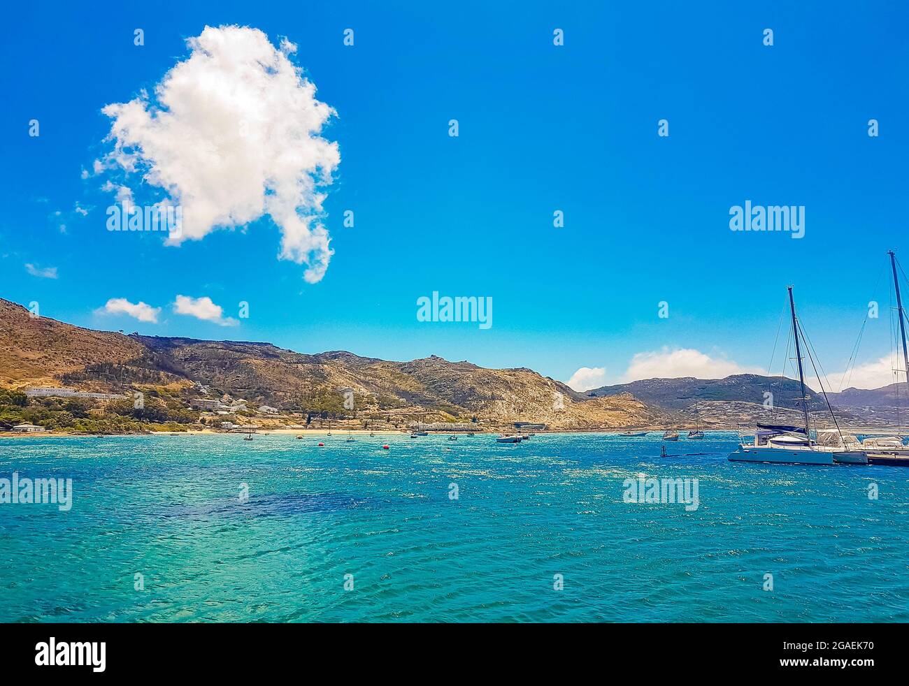 False Bay coast landscape with yachts boats jetty Long Beach and ...