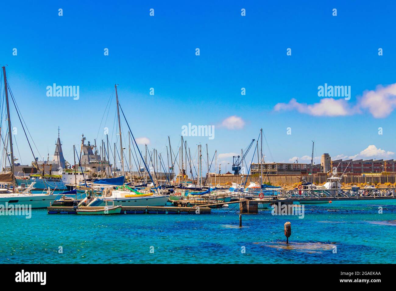 False Bay coast landscape with yachts boats jetty Long Beach and ...